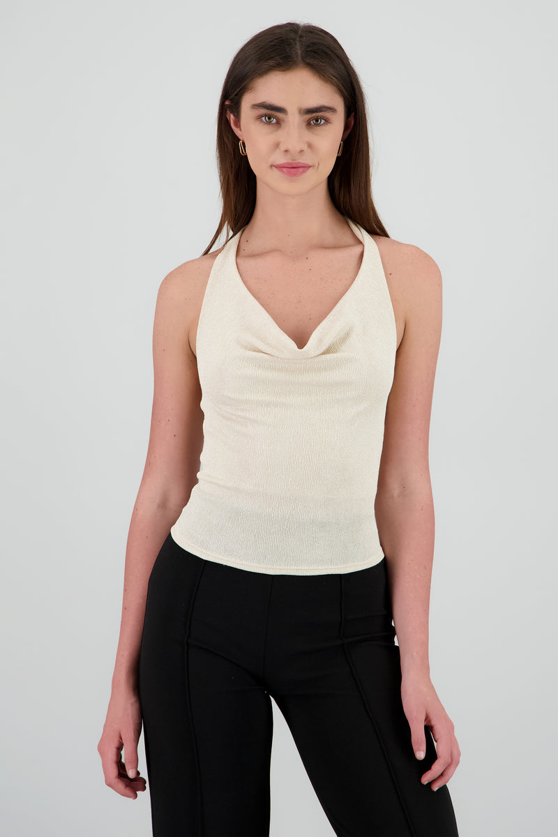 Top halter escote drapeado brillos