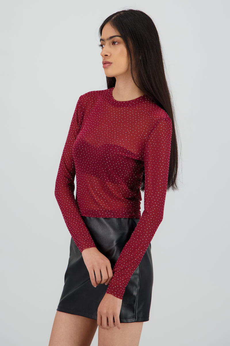 Top Mesh Manga Larga Brillos