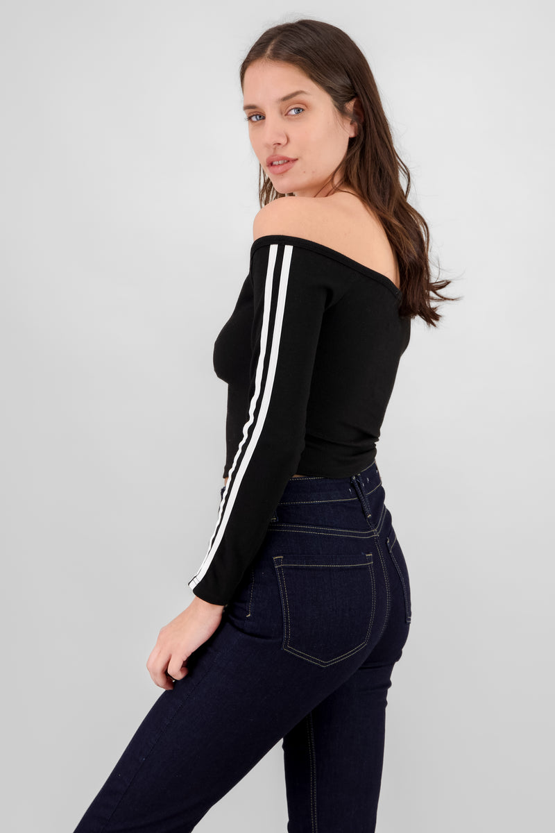 Top sin hombros rib contraste con estampado