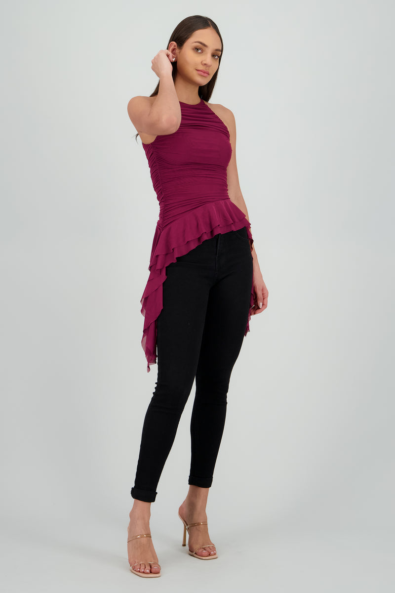 Top halter de mesh con tiras y olanes