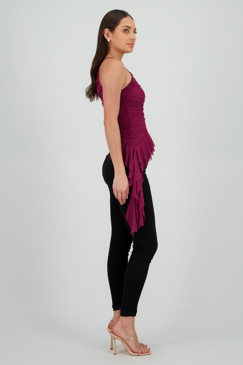 Top halter de mesh con tiras y olanes